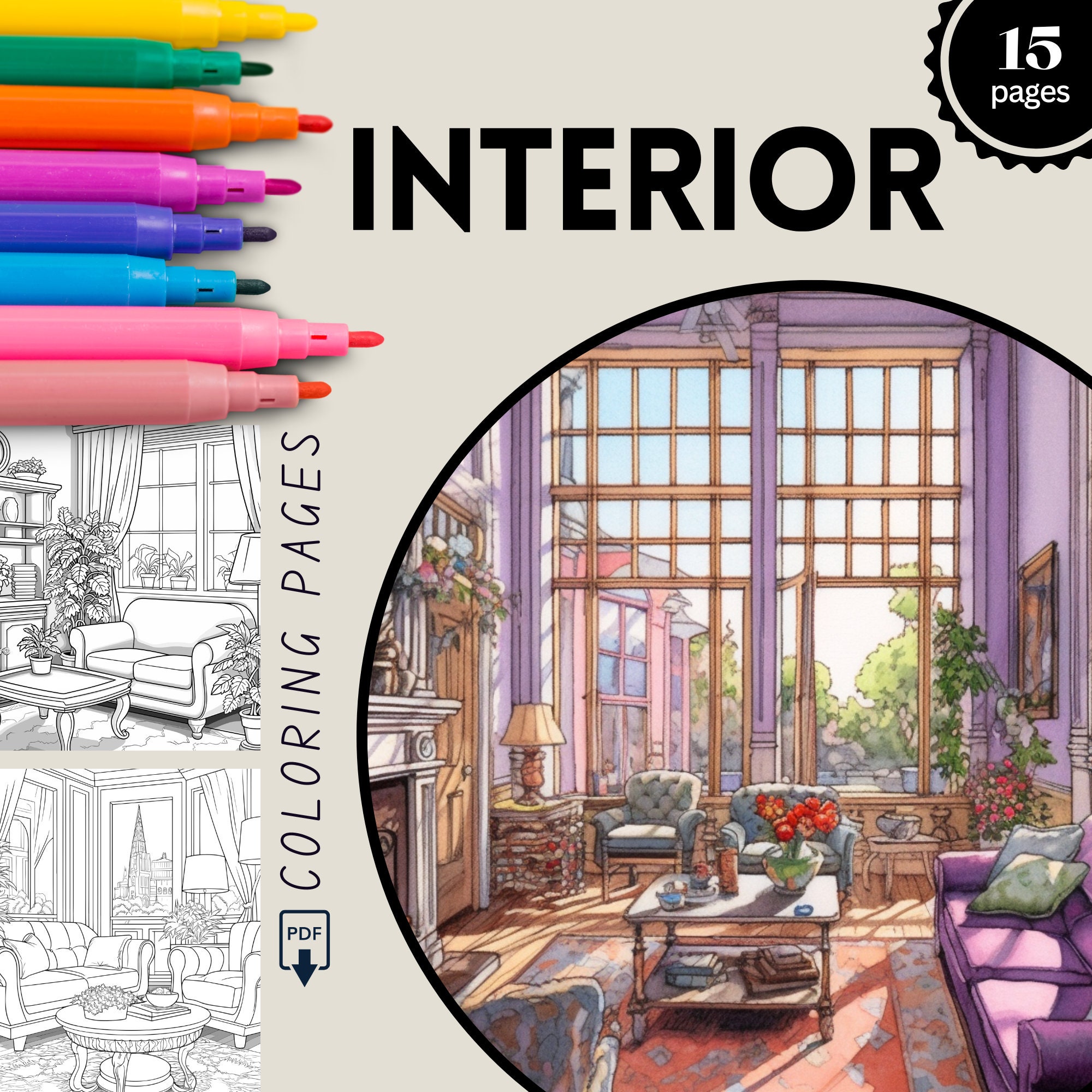 Beautiful Interiors Coloring Pages, Furniture Coloring Book for Adults ...
