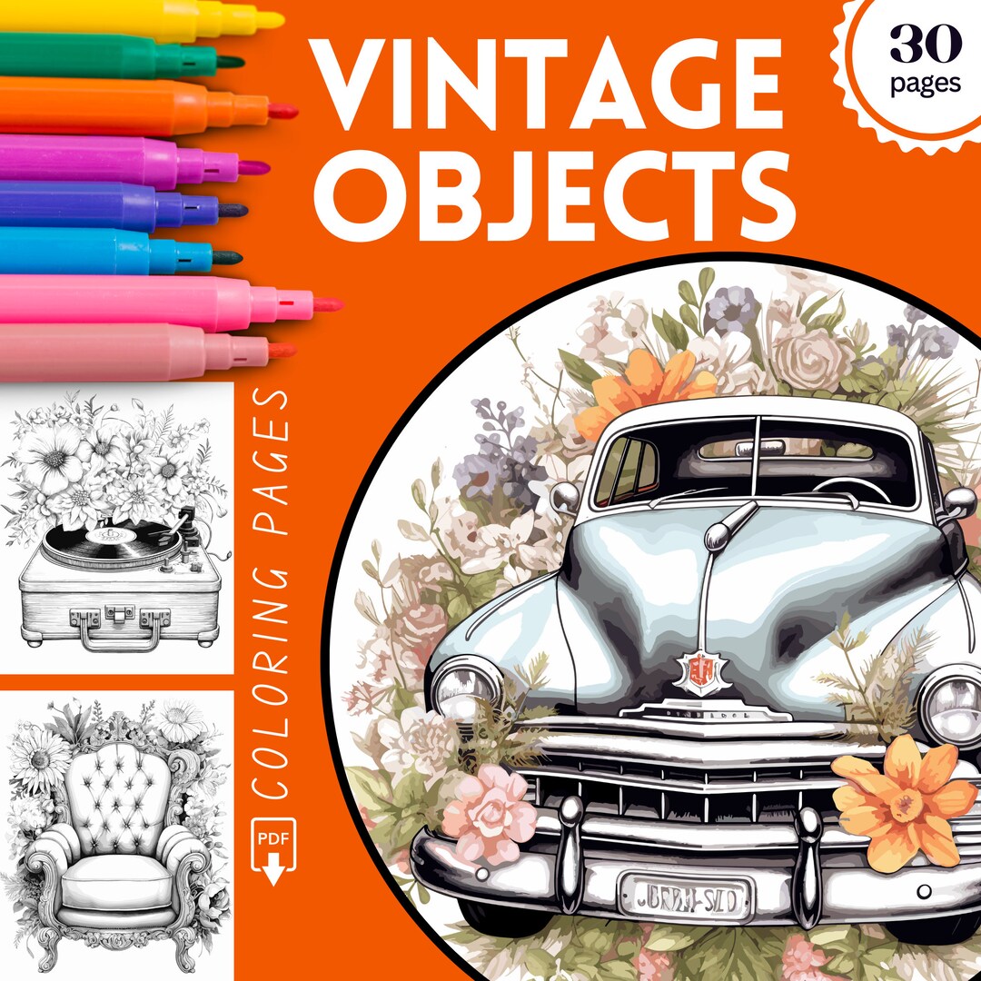Vintage Retro Objects With Flowers Coloring Pages, Retro Coloring Book ...