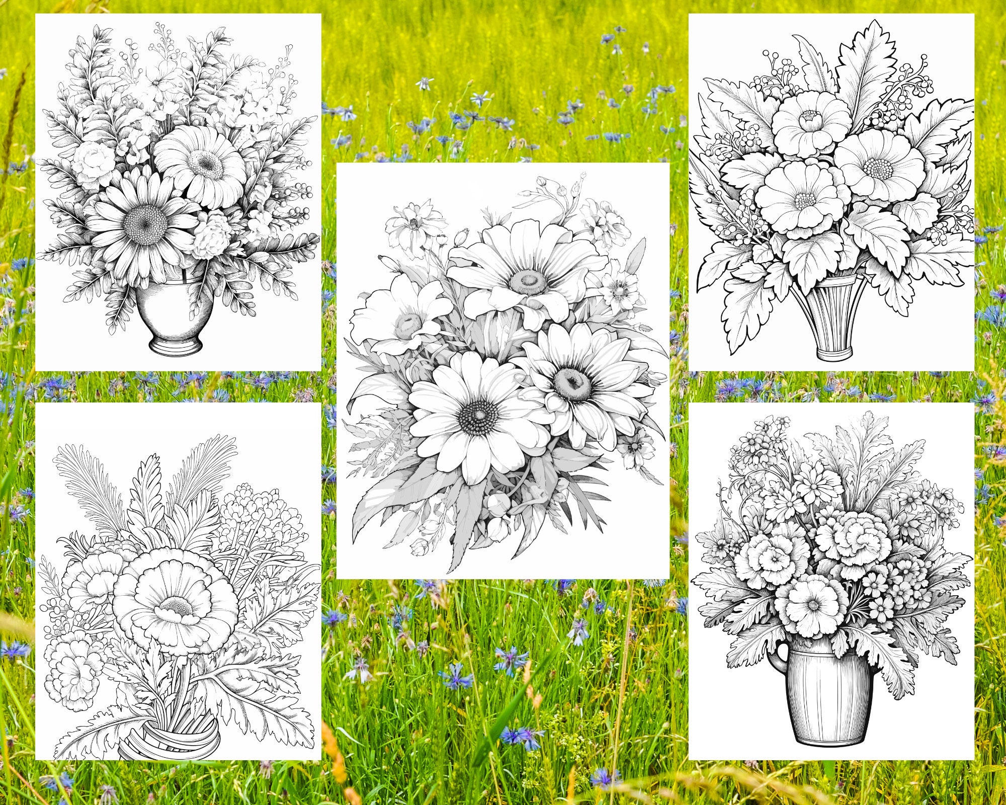 Flower Bouquets Coloring Pages, Floral Coloring Book for Adults ...