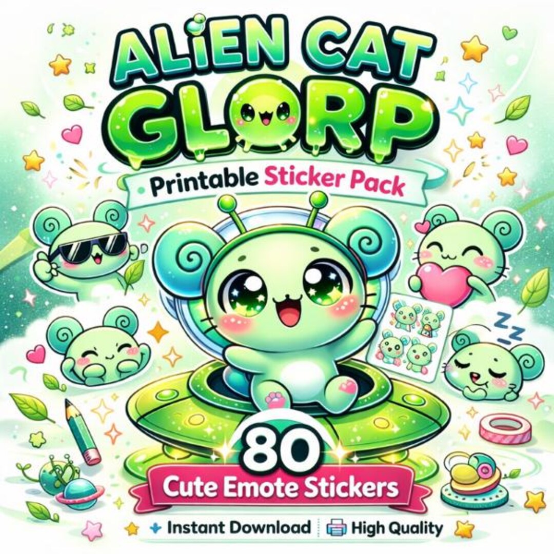 Alien Cat Glorp Printable Sticker Pack – 80 Cute Kawaii Emote Stickers ...