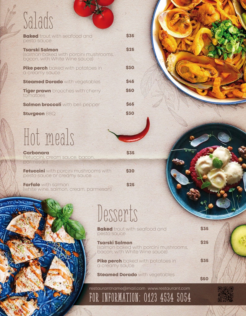 Restaurant Food Menu Printable Customisable Menu - Etsy