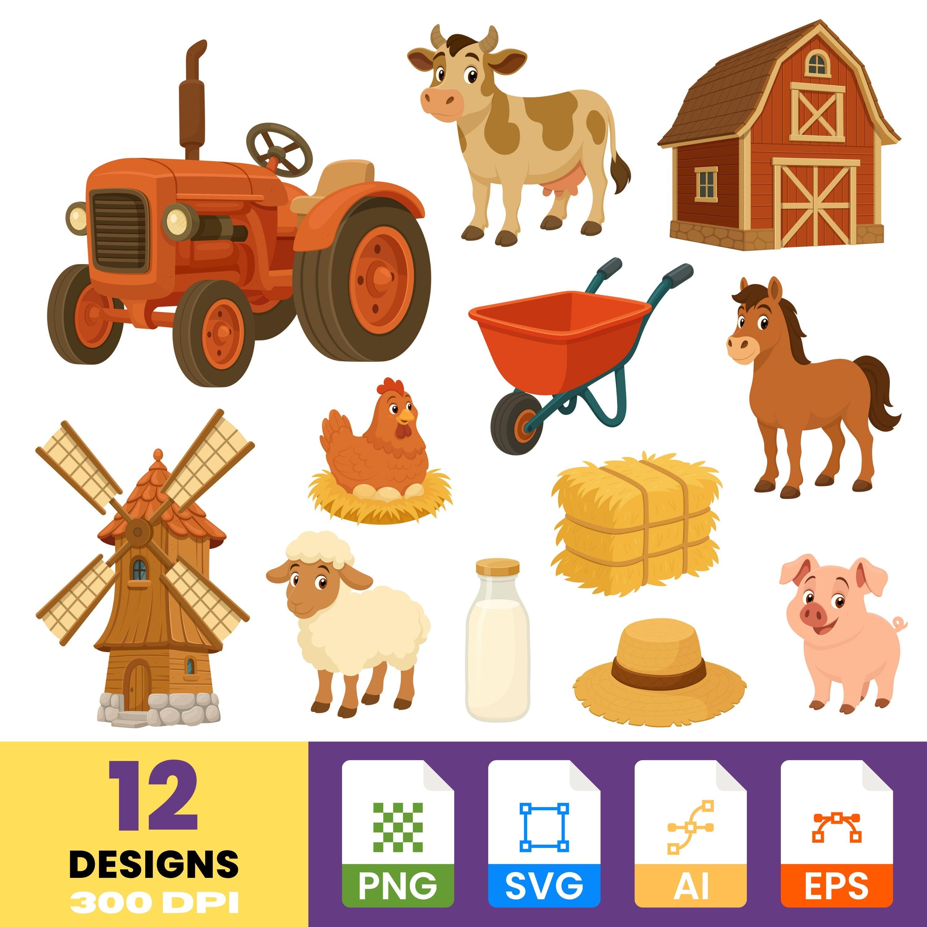 Farm Tractor Barn Animals Country Tools Hay Bale Milk Bottle Windmill ...