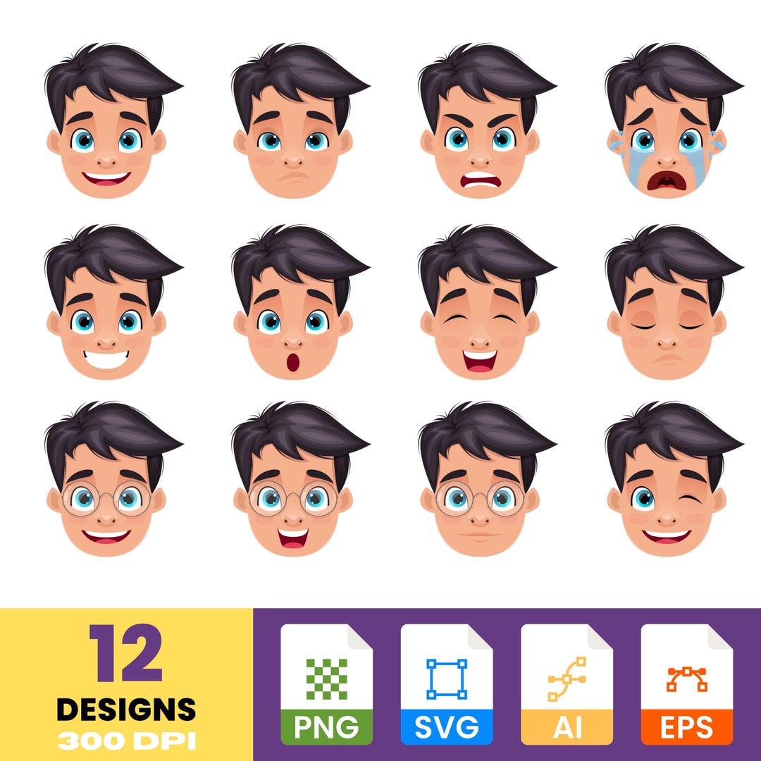 Boy Emotions Clipart Set: Cartoon Faces, Kids Vector Graphics (digital ...