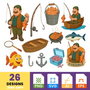 Fisherman Set Clipart Bundle – Hand Drawn Fishing Graphics for Crafts ...