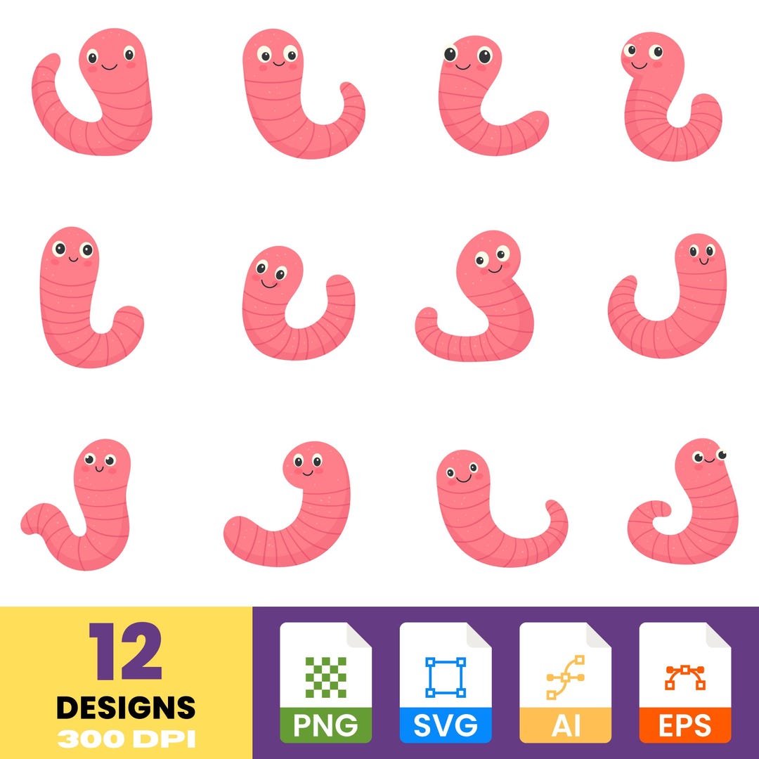 Cute Pink Worm Clipart | Funny Worm Stickers | Hand-drawn Bug Graphics ...