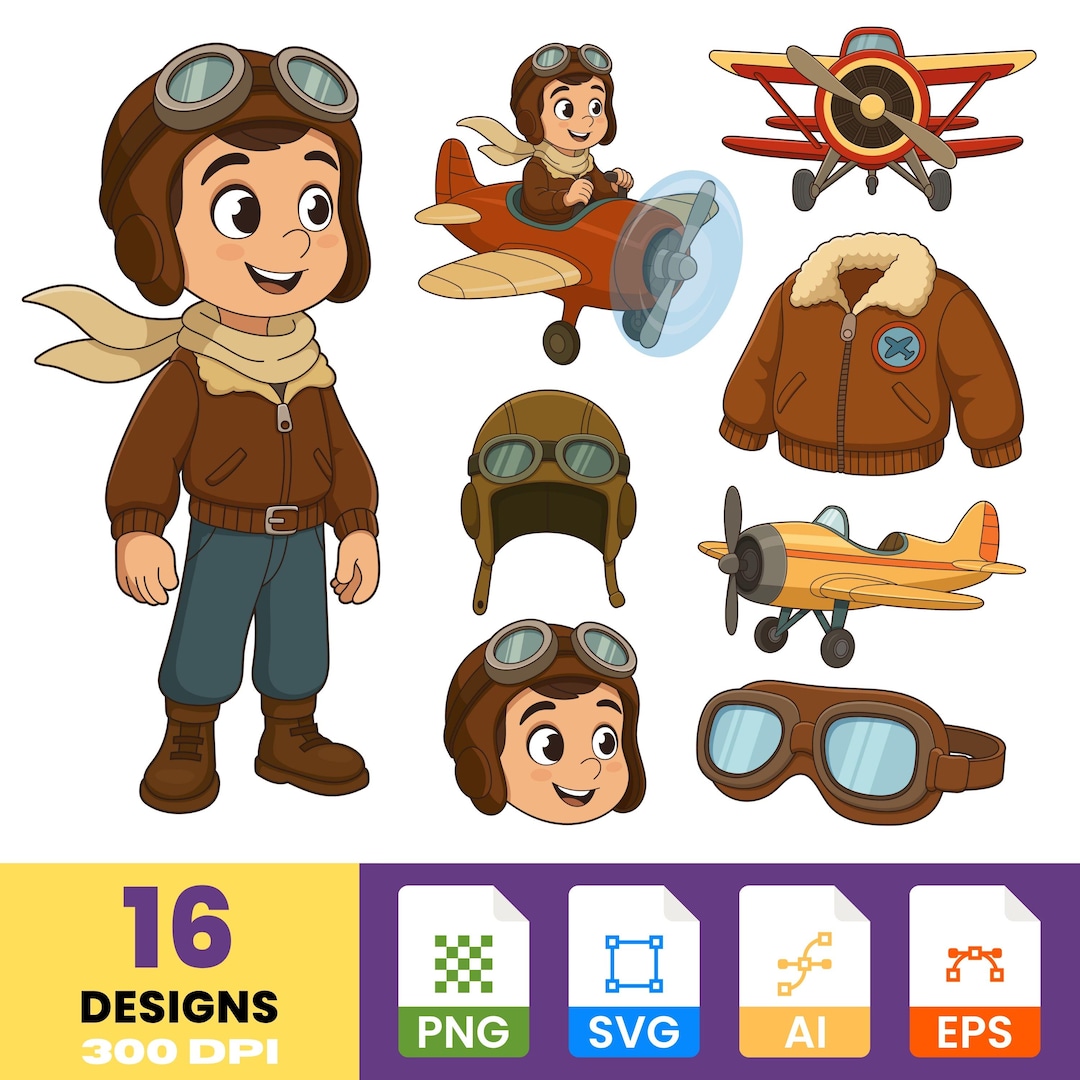 Aviator Boy Clipart | Flying Kid Stickers | Vintage Pilot Graphics ...