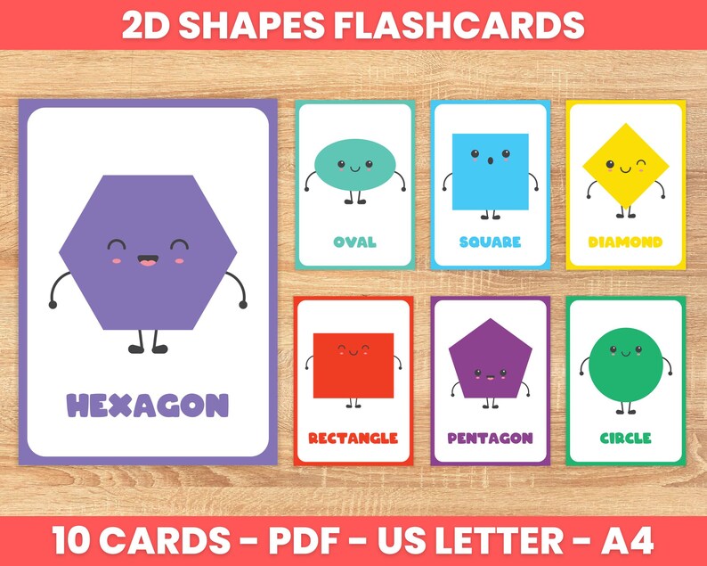 Shape Flashcards in English, 2D Shapes, Preschool, Kindergarten Cards ...