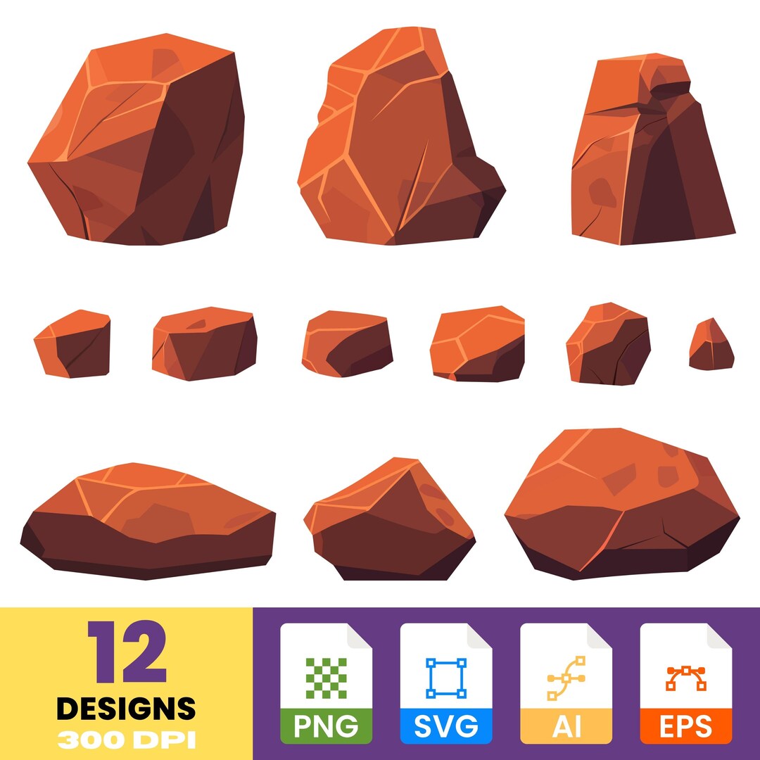 Rock Clipart Set – 12 Stylized Stone & Boulder Illustrations for ...