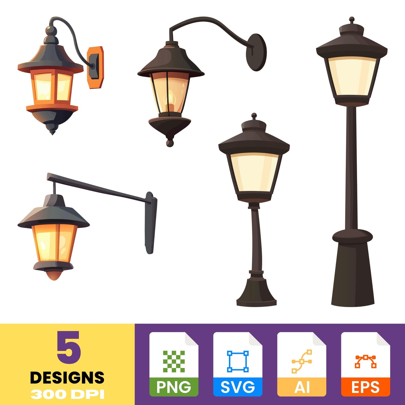 Vintage Street & Wall Lamp Clipart – Outdoor Light Vector Set, SVG, PNG ...