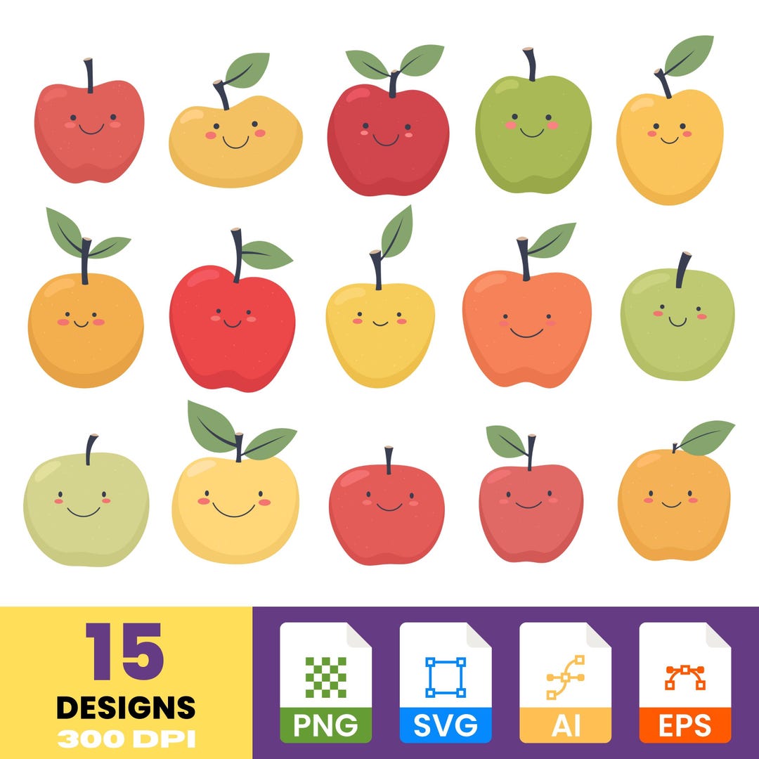 Cute Apple Fruit Clipart | Kawaii Apple Stickers | Hand-drawn Fruit ...