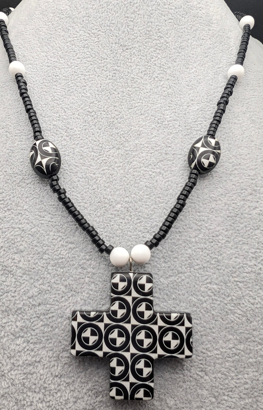 1990s Vintage Napier Beaded African-style Cross Necklace, Faux Ebony ...