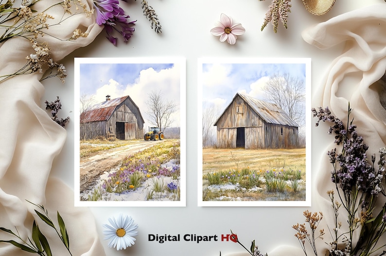 Early Spring Barn Landscapes Clipart JPEG, Farmhouse Spring Scenes ...