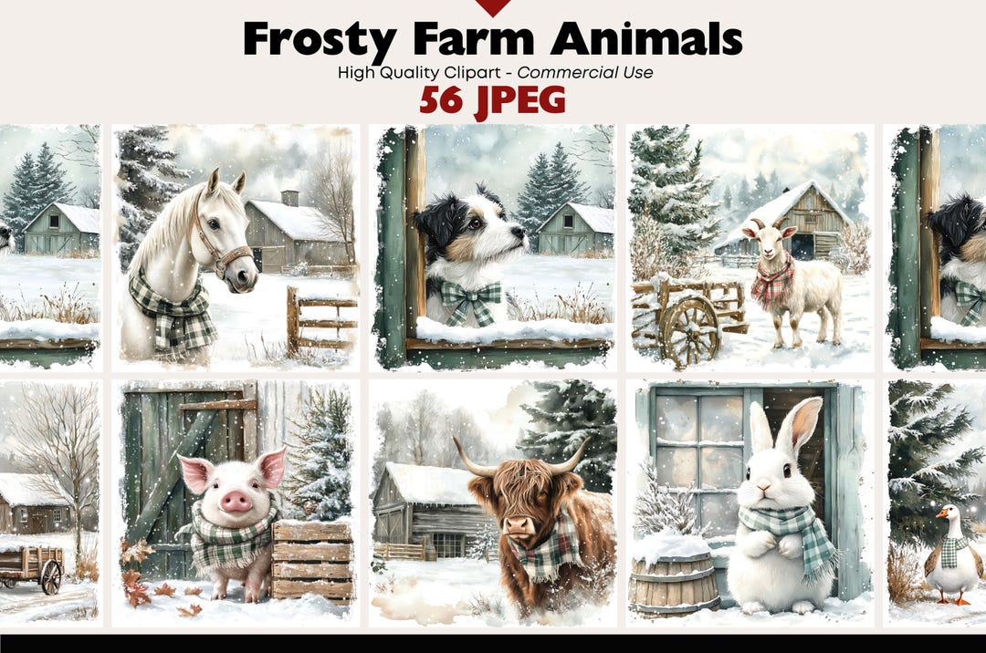 Frosty Farm Animals Clipart, Winter Farmhouse Animals JPEG, Snowy Barn ...