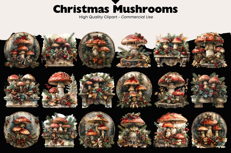 Christmas Mushroom Clipart Bundle Watercolor Woodland Holiday Graphics ...