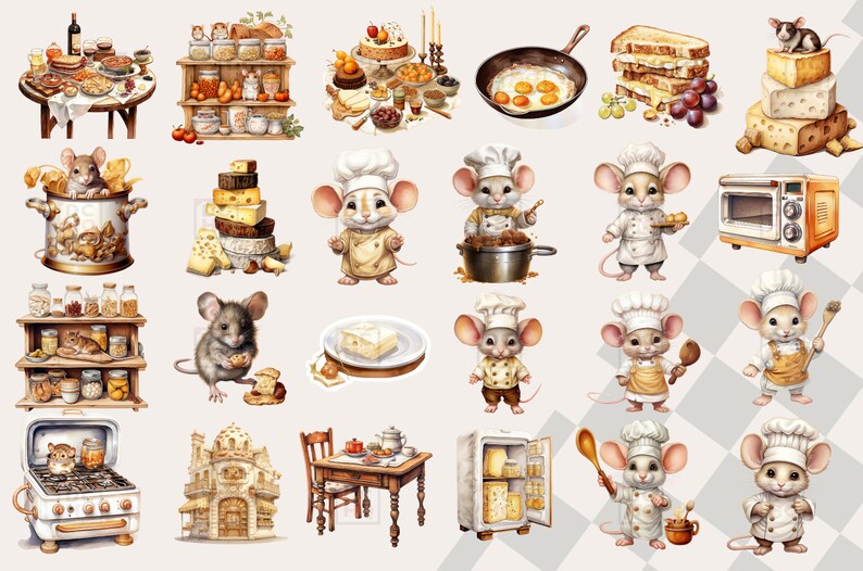 Cute Little Mouse Chef Clipart Bundle, Mice in Kitchen Watercolor ...
