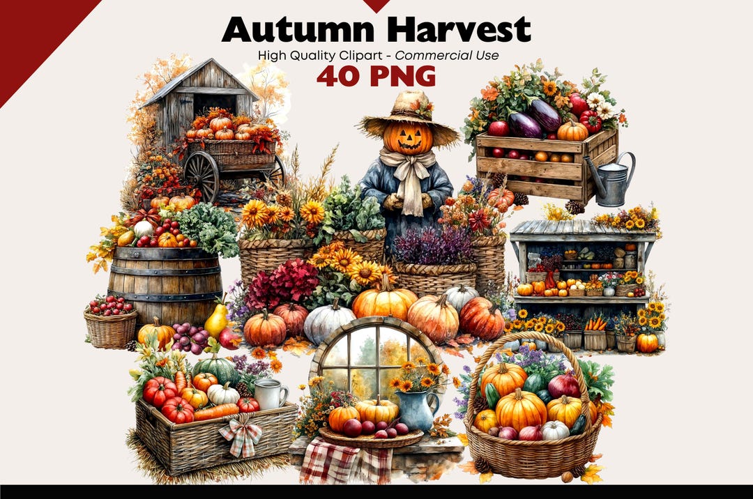 Rustic Fall Harvest Clipart, 40 PNG Autumn Floral Arrangements ...