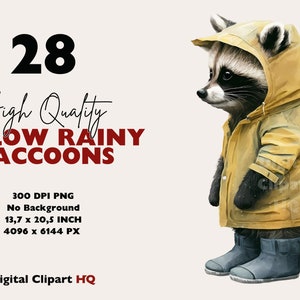 Rainy Raccoon Clipart Bundle, Yellow Raincoat Watercolor Clipart ...