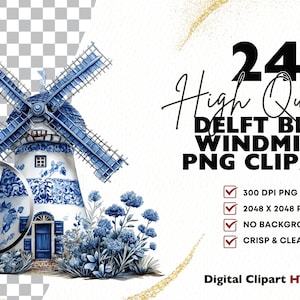 Delft Blue Windmill Clipart Bundle Vintage Floral Blue Delft Style ...