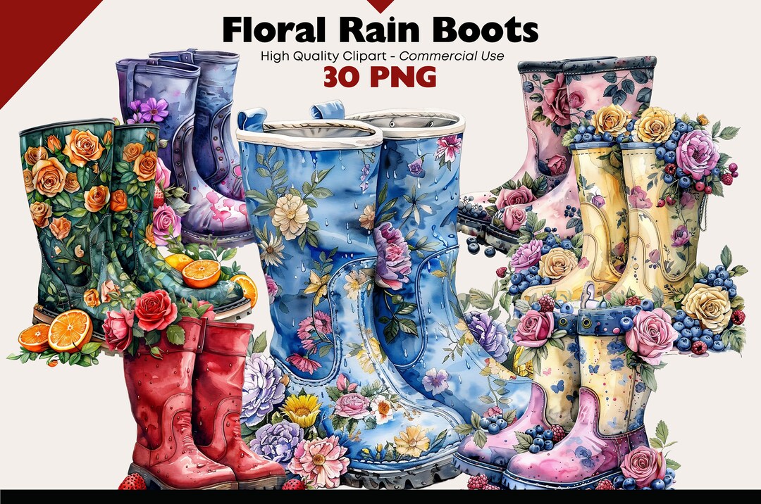 Floral Rain Boots Clipart Bundle, Garden Boots Watercolor, Cute ...