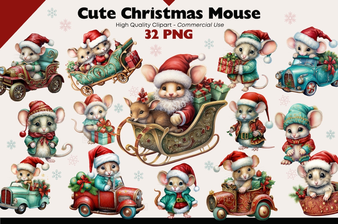Christmas Mouse Clip Art Bundle, Mouse in Car Watercolor, Santas Hat ...