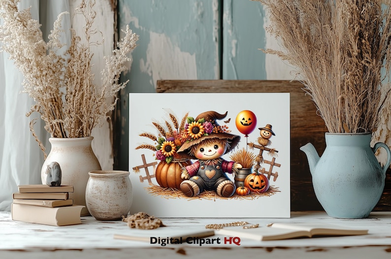 Cute Scarecrow Clipart Bundle Autumn Watercolor Graphics Scarecrow PNG ...