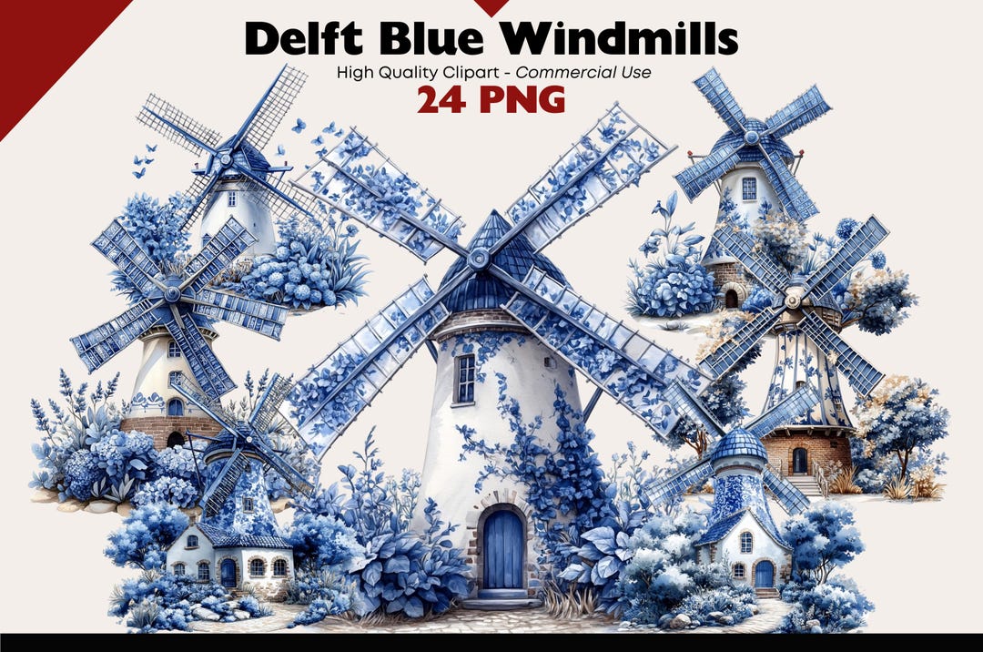 Delft Blue Windmill Clipart Bundle Vintage Floral Blue Delft Style ...