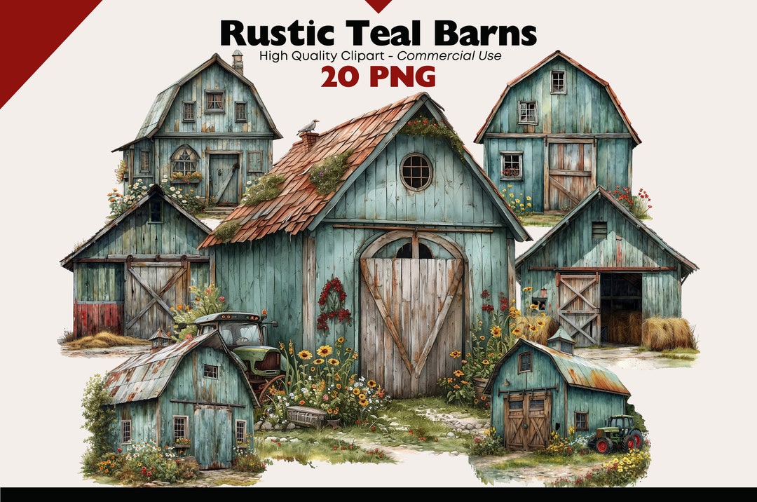 Rustic Barn Clipart Bundle, Teal Farmhouse Barn PNG, Barn With Tractor Watercolor Illustrations ...