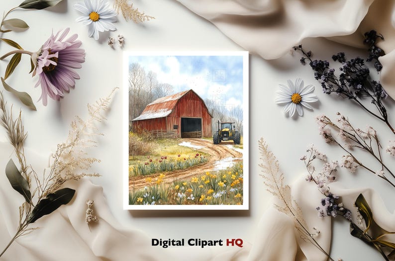 Early Spring Barn Landscapes Clipart JPEG, Farmhouse Spring Scenes ...