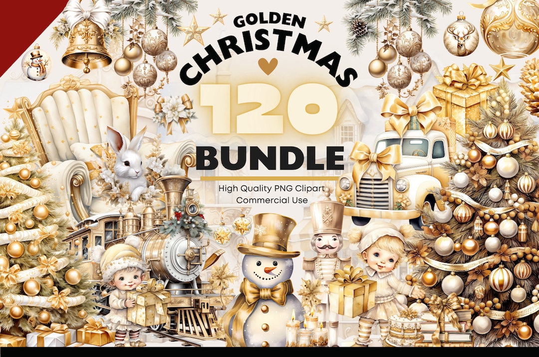 Gold Christmas Clipart Big Bundle Watercolor Christmas PNG ...