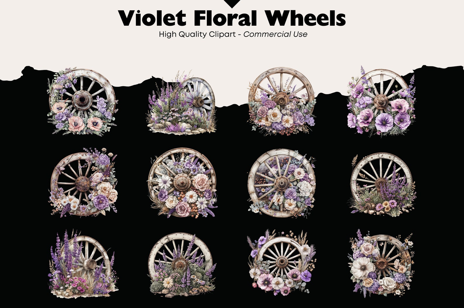 Violet Floral Wheels Clipart, Western Watercolor, Rustic Wheel PNG ...
