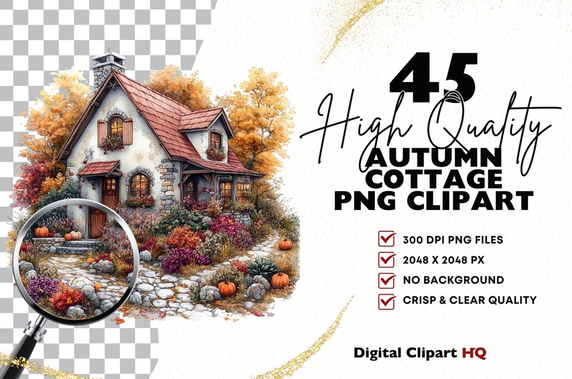 Autumn Cottage Clipart Bundle Fall Watercolor Countryside House Png ...