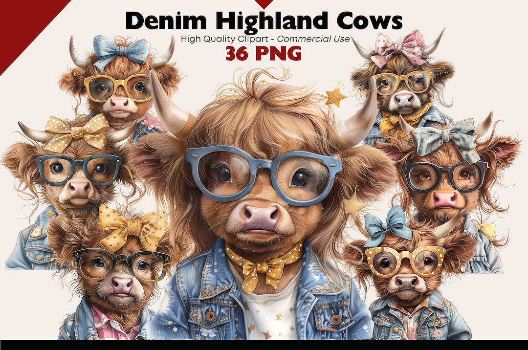 Retro Highland Cow Clipart Bundle Watercolor Cute Baby Highland Cow ...