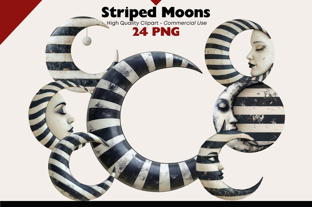 Striped Dark Moon Clipart Set, Dark Lunar Watercolor Clipart Bundle ...