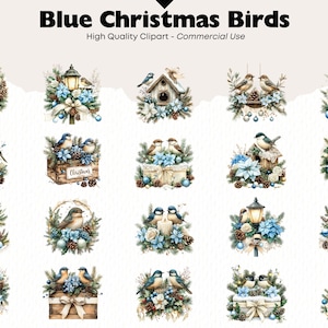 Blue Christmas Bird Clipart Bundle Winter Bird Watercolor PNG Birds on ...