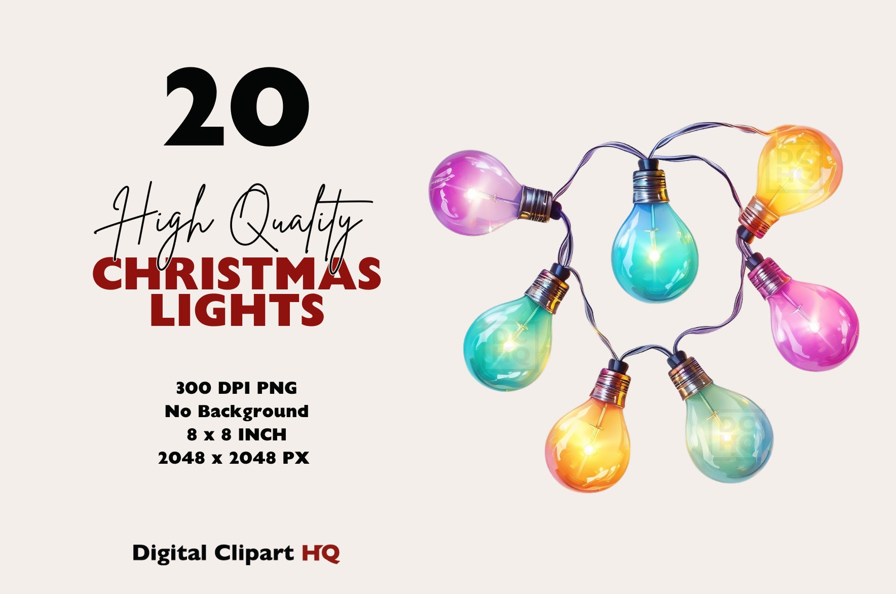 Christmas Lights Clipart, Pastel Light String PNG Bundle, Neon Light ...