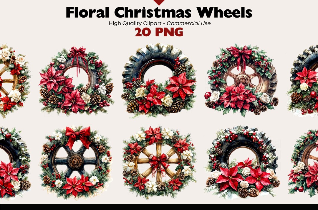 Christmas Wheel Clipart PNG, Floral Holiday Clip Art, Rustic Farmhouse ...