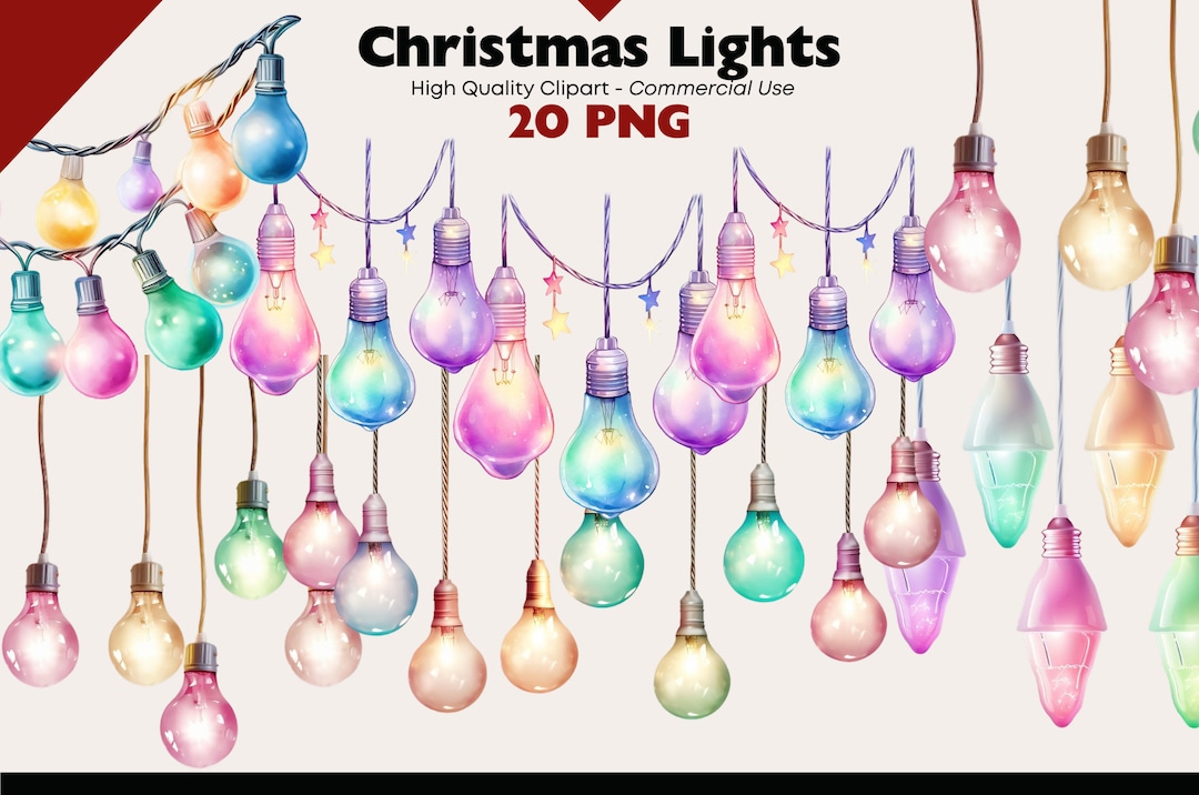 Christmas Lights Clipart, Pastel Light String PNG Bundle, Neon Light ...