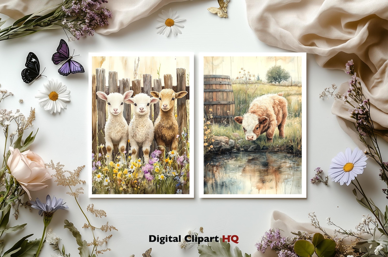Spring Farm Animals Clipart JPEG, Floral Summer Animals, Rustic Farm ...