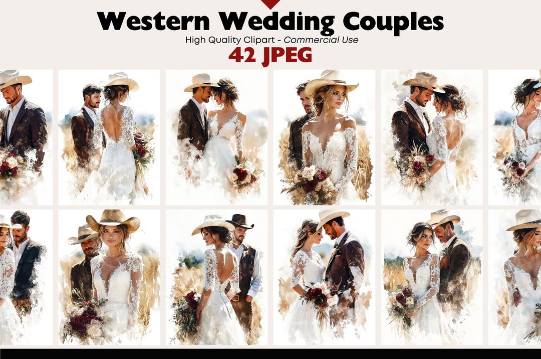 Western Wedding Couples Clipart, 42 JPEG Rustic Bride and Groom ...