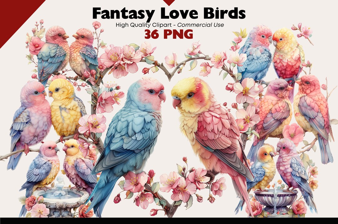 Pastel Birds Clipart Bundle Fantasy Watercolor Bird Clip Art Graphics ...