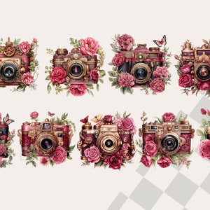 Vintage Camera Clipart Bundle, Pink Floral Camera Watercolor PNG, Retro ...