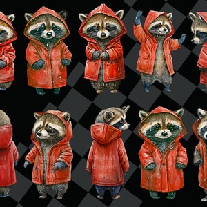 Rainy Raccoon Clipart Bundle, Watercolor Red Raincoat Clipart Graphics ...