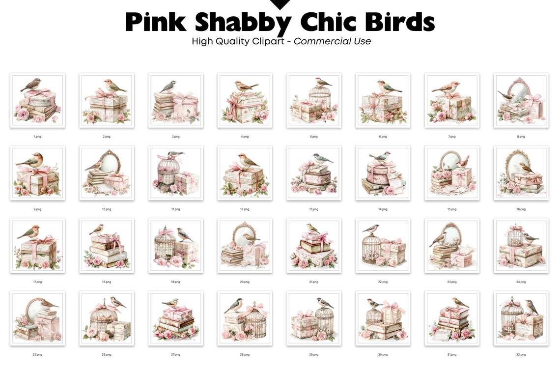 Pink Shabby Chic Birds Clip Art – 56 Romantic Watercolor PNG Bird ...