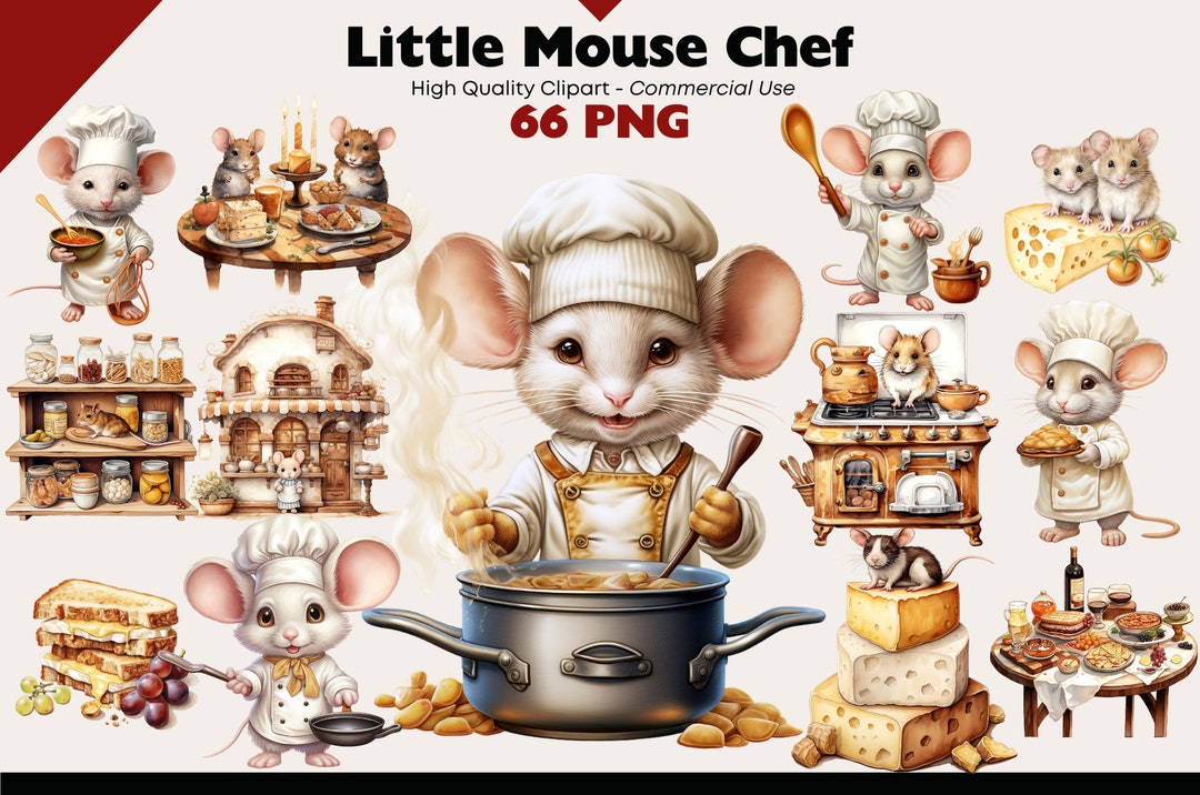 Cute Little Mouse Chef Clipart Bundle, Mice in Kitchen Watercolor ...
