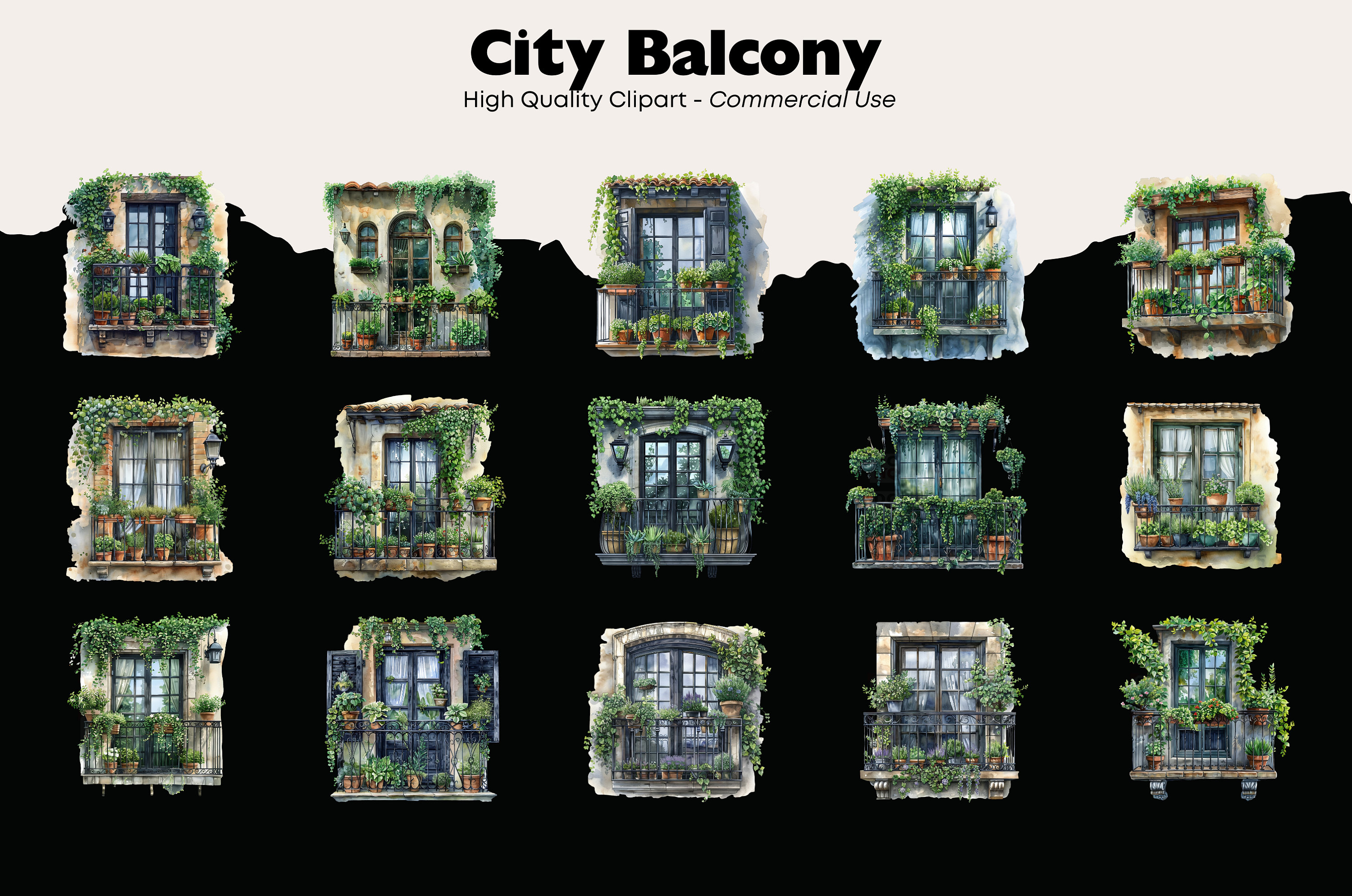 City Balcony Clipart Bundle, Urban Balcony Watercolor, Green Window ...