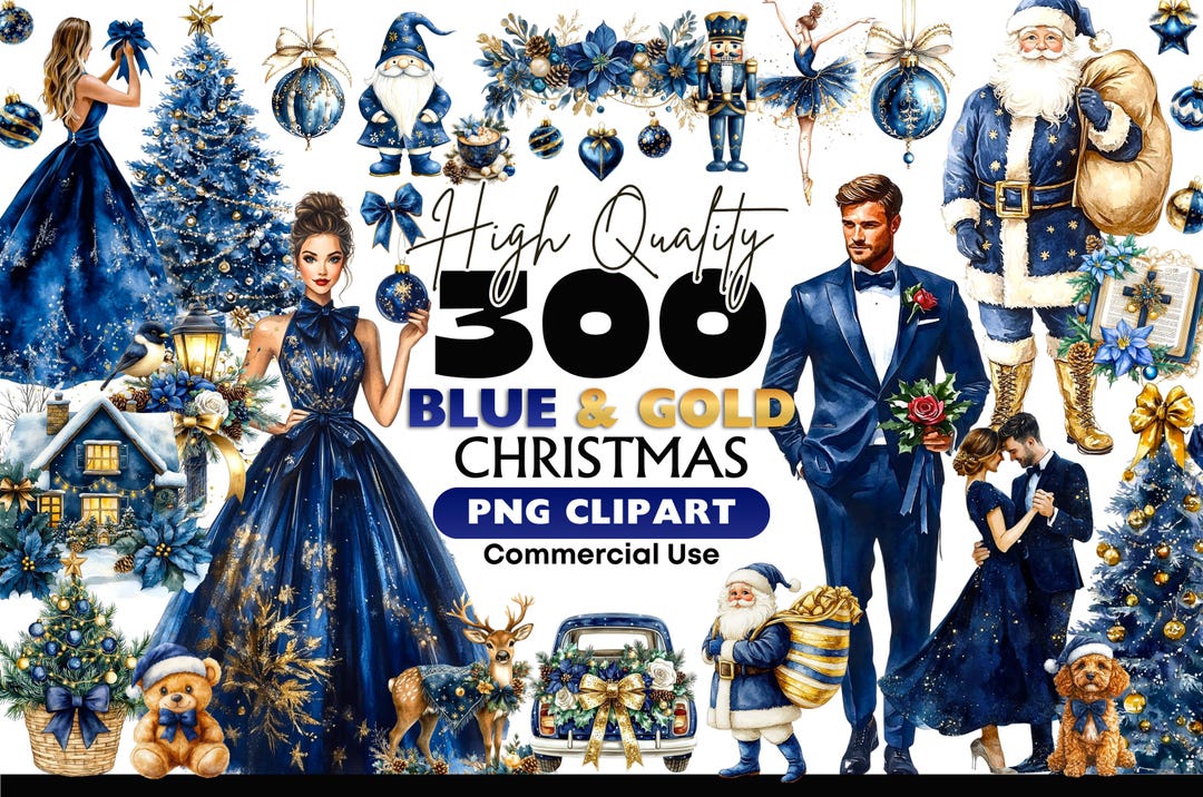 Blue and Gold Christmas Clipart, Elegant Winter Bundle With Santa ...