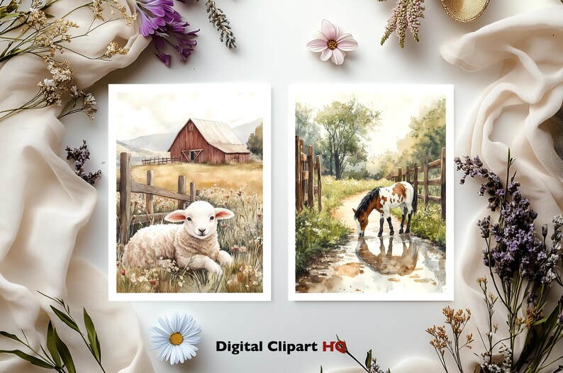 Spring Farm Animals Clipart JPEG, Floral Summer Animals, Rustic Farm ...