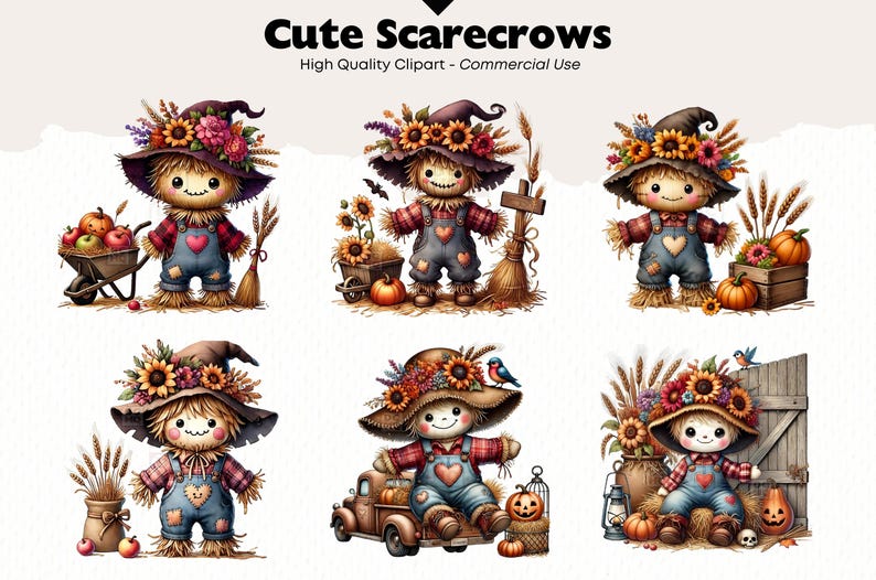 Cute Scarecrow Clipart Bundle Autumn Watercolor Graphics Scarecrow PNG ...