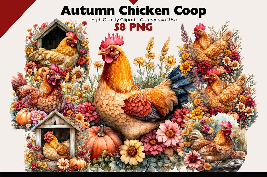 Floral Chicken Clipart Bundle Autumn Chicken Watercolor Rose Chicken ...