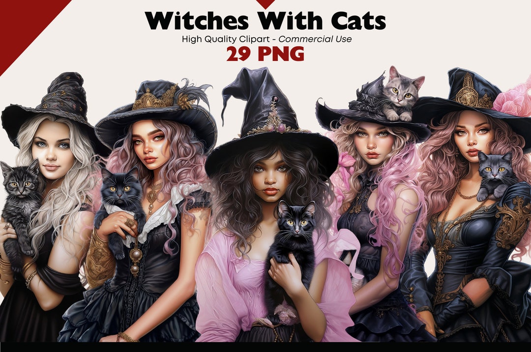 Beautiful Witch Clipart Bundle, Cat Witch PNG, Pet Witch Watercolor ...